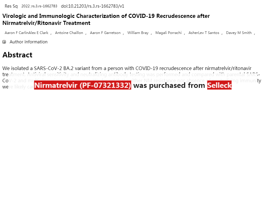 Nirmatrelvir (PF-07321332) | ≥99%(HPLC) | Selleck | SARS-CoV 阻害剤